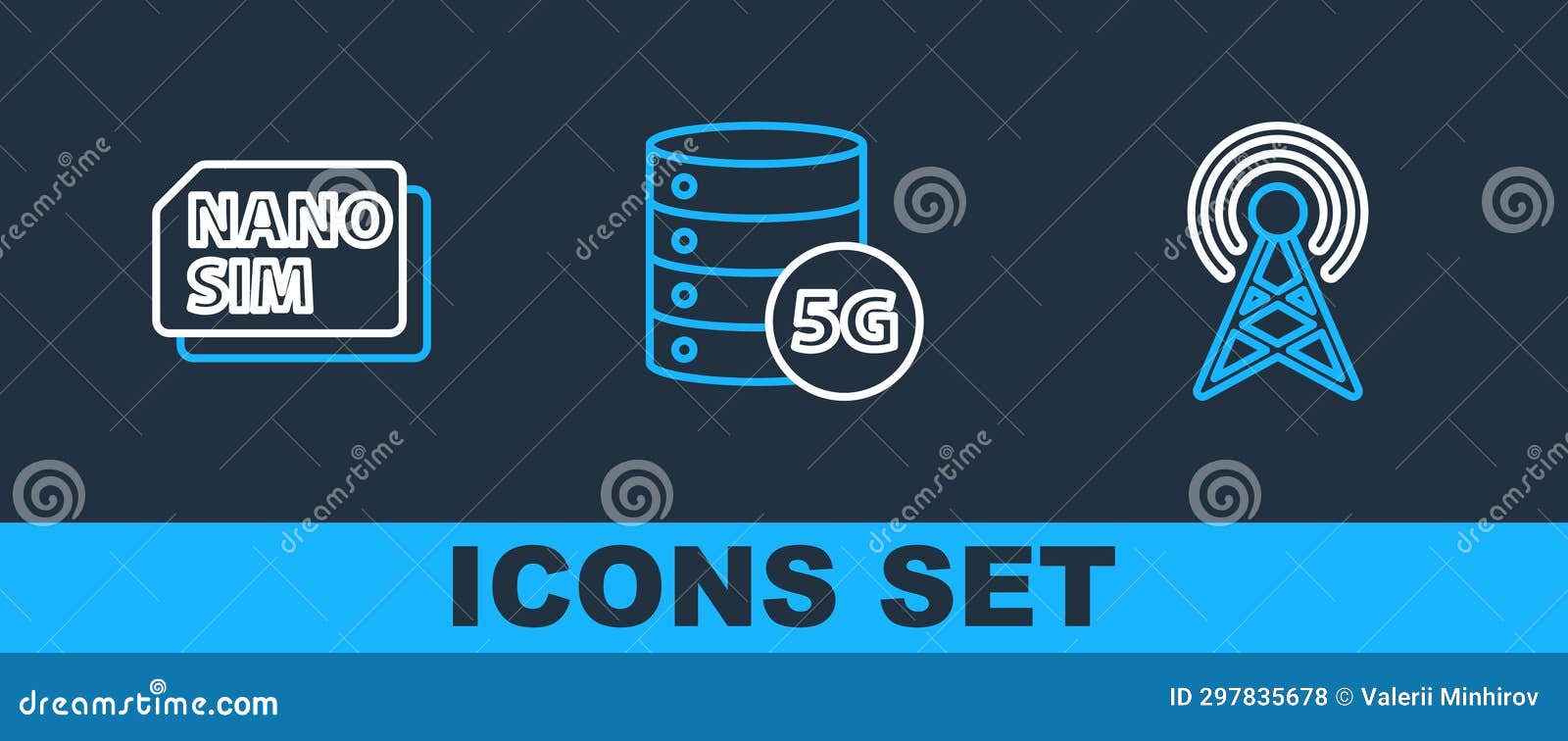 Set Line Antenna, Nano Sim Card and Server 5G Network Icon. Vector ...