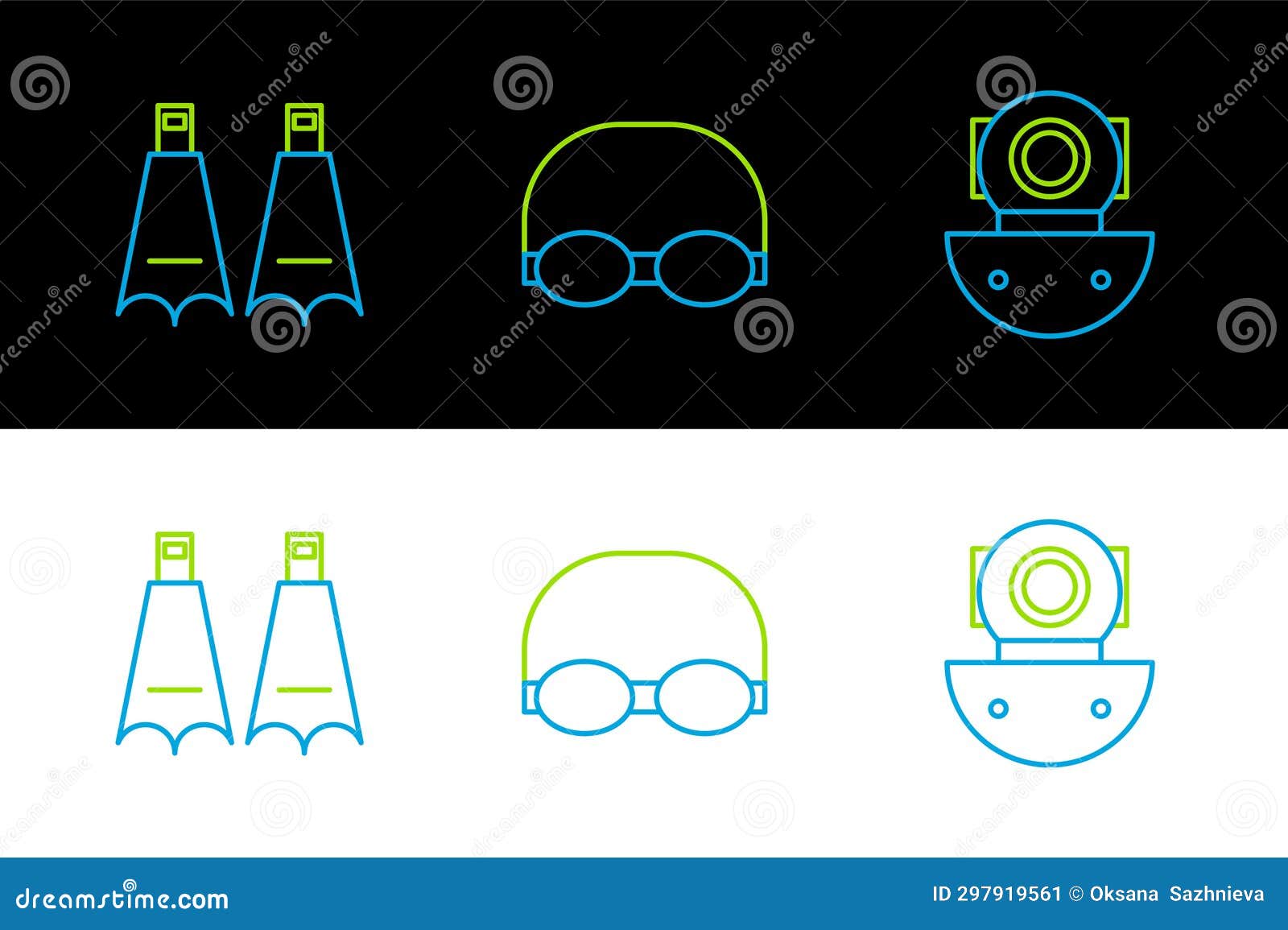 Set Aqualung, Rubber Flippers, Diving Watch, Gauge Scale, Mask, Action ...