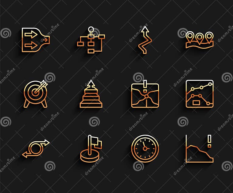 Set Line Arrow, Flag, Clock, Financial Growth Decrease, Pyramid Chart ...