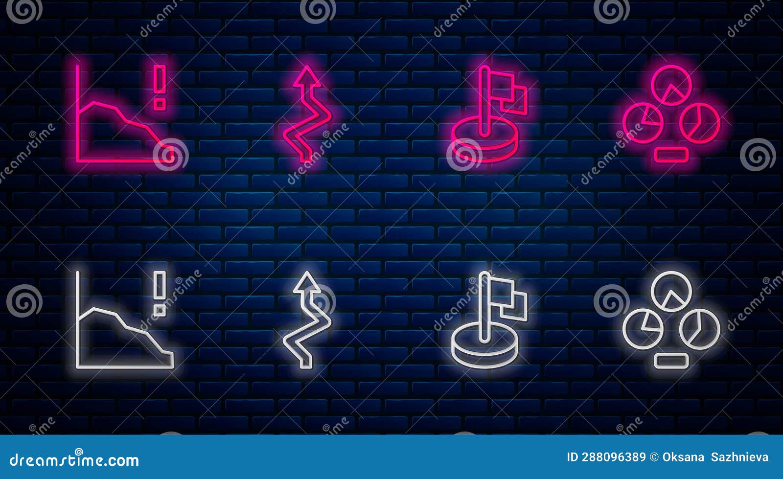 Set Line Arrow, Flag, Financial Growth Decrease and Pie Chart Infographic. Glowing Neon Icon on ...