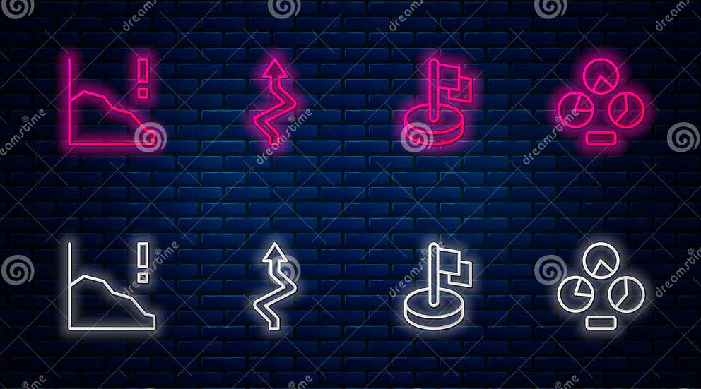 Set Line Arrow, Flag, Financial Growth Decrease and Pie Chart Infographic. Glowing Neon Icon on ...