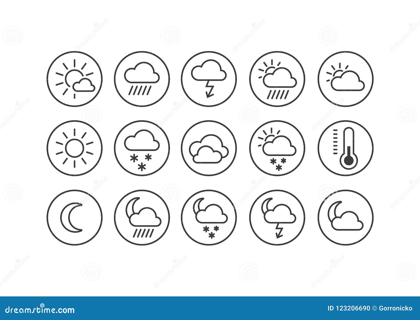 Set of Line Art Icons on the Weather Theme in the Round Frame Stock ...