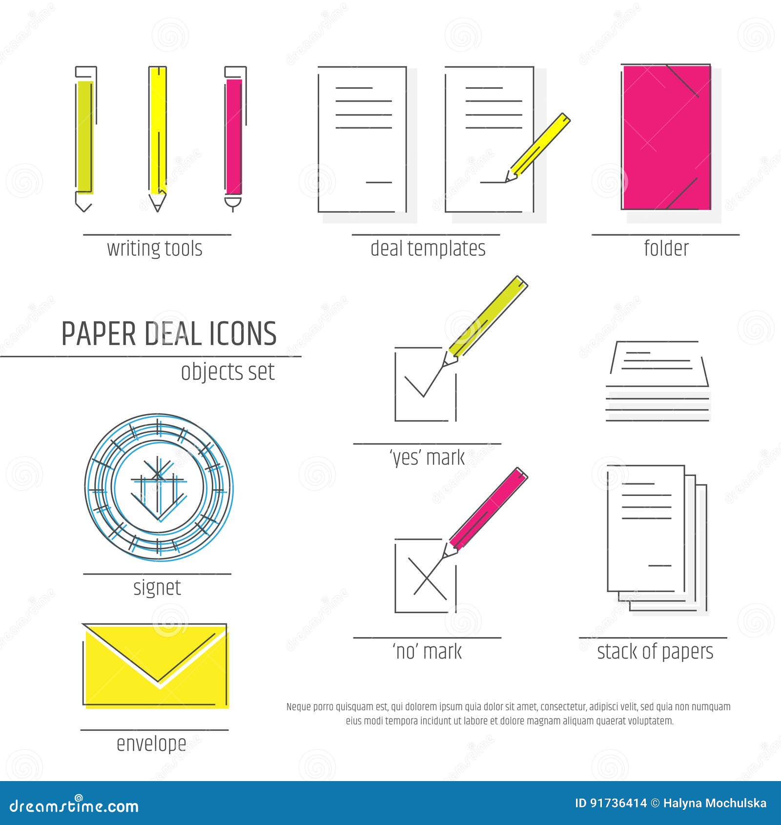 Set in Line Art Style. Set of Writing Items. Stock Vector ...