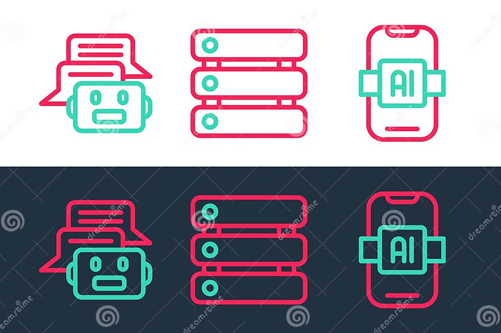 Set Line Artificial Intelligence AI, Chat Bot and Server, Data Icon. Vector Stock Illustration ...