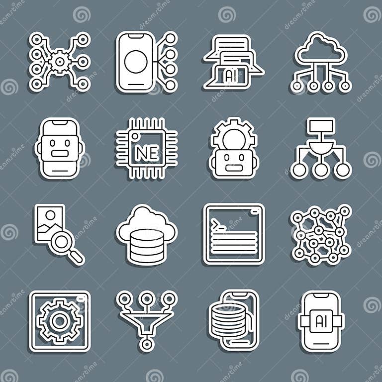 Set Line Artificial Intelligence AI, Neural Network, Algorithm, Chat Bot, Processor CPU, and ...