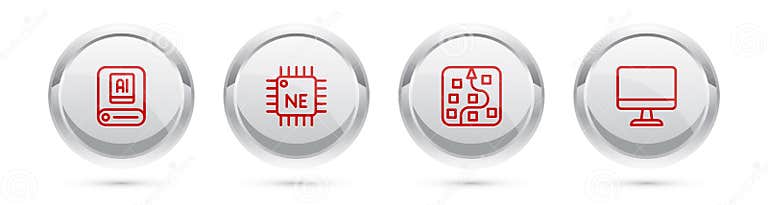 Set Line Artificial Intelligence AI, Processor CPU, Neural Network and Computer Monitor. Silver ...