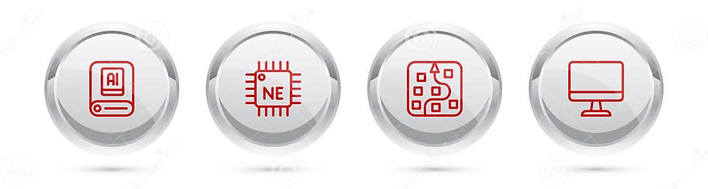 Set Line Artificial Intelligence AI, Processor CPU, Neural Network and Computer Monitor. Silver ...