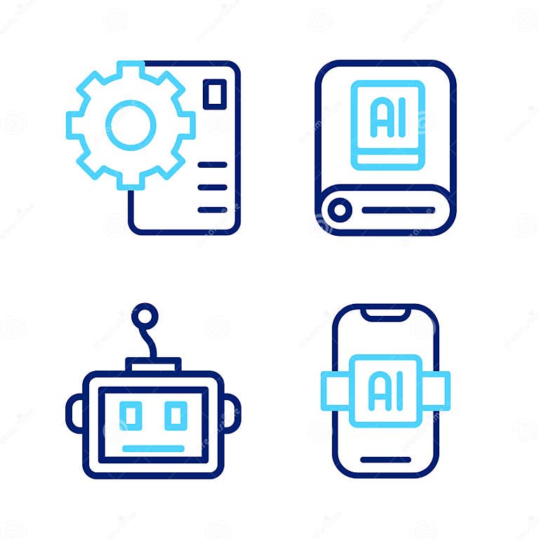 Set Line Artificial Intelligence Ai Robot And Neural Network Icon Vector Stock Vector