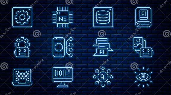 Set Line Artificial Intelligence AI, Robot, Server, Data, Neural Network, Robot Setting ...