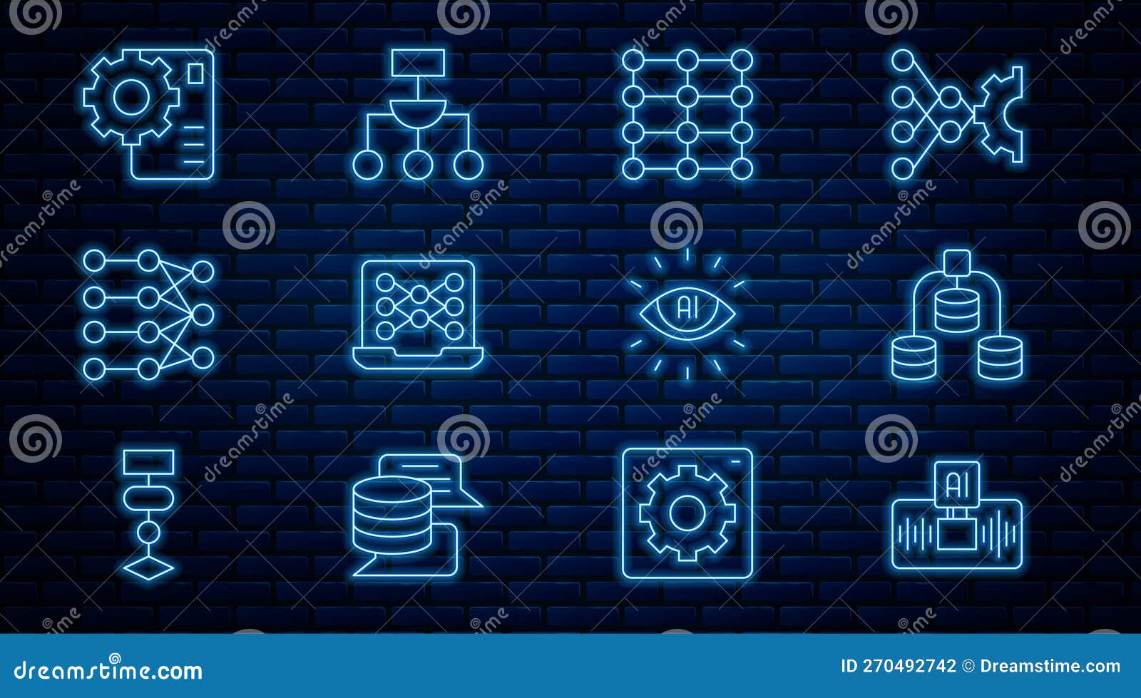 Set Line Artificial Intelligence AI, Server, Data, Neural Network, and Algorithm Icon. Vector ...