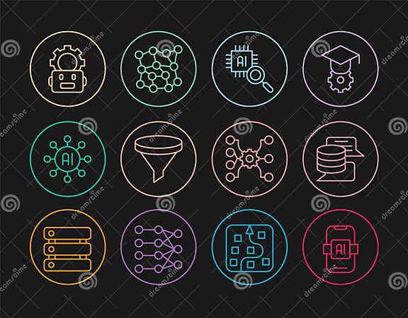Set Line Artificial Intelligence AI, Server, Data, Processor CPU, Funnel Filter, Neural Network ...
