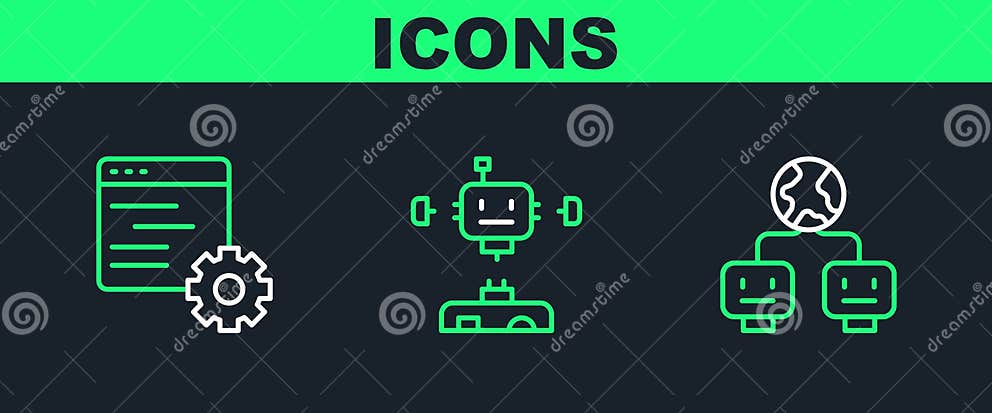 Set Line Artificial Intelligence Computer Api Interface And Disassembled Robot Icon Vector 