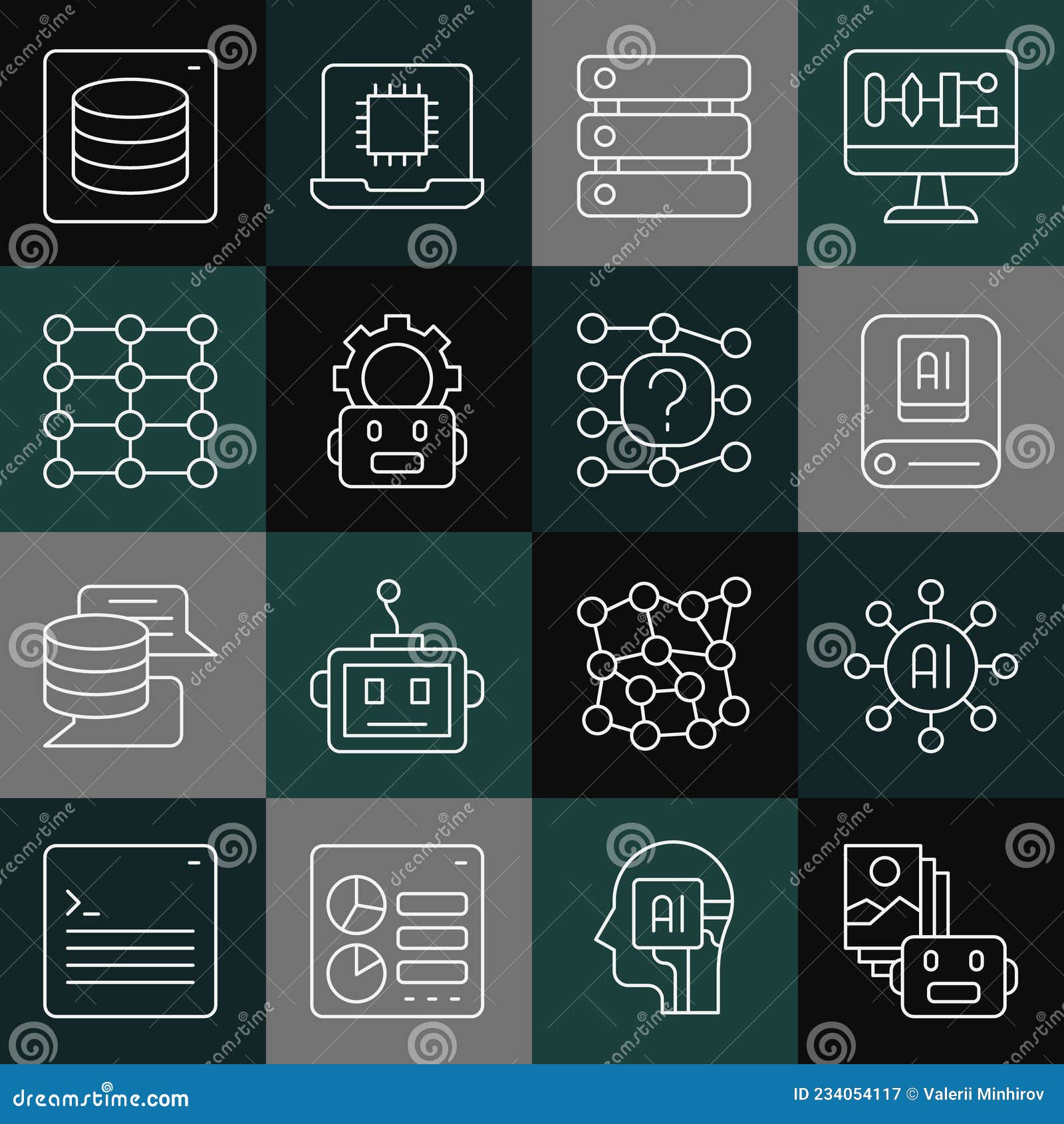 Set Line Artificial Intelligence Robot, Neural Network, AI, Server, Data, Robot Setting, and ...