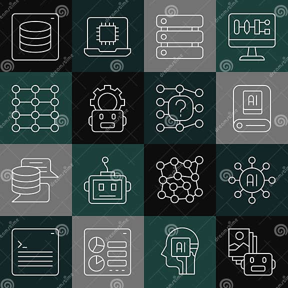 Set Line Artificial Intelligence Robot, Neural Network, AI, Server, Data, Robot Setting, and ...