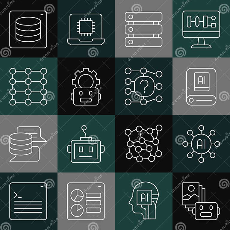 Set Line Artificial Intelligence Robot, Neural Network, AI, Server, Data, Robot Setting, and ...