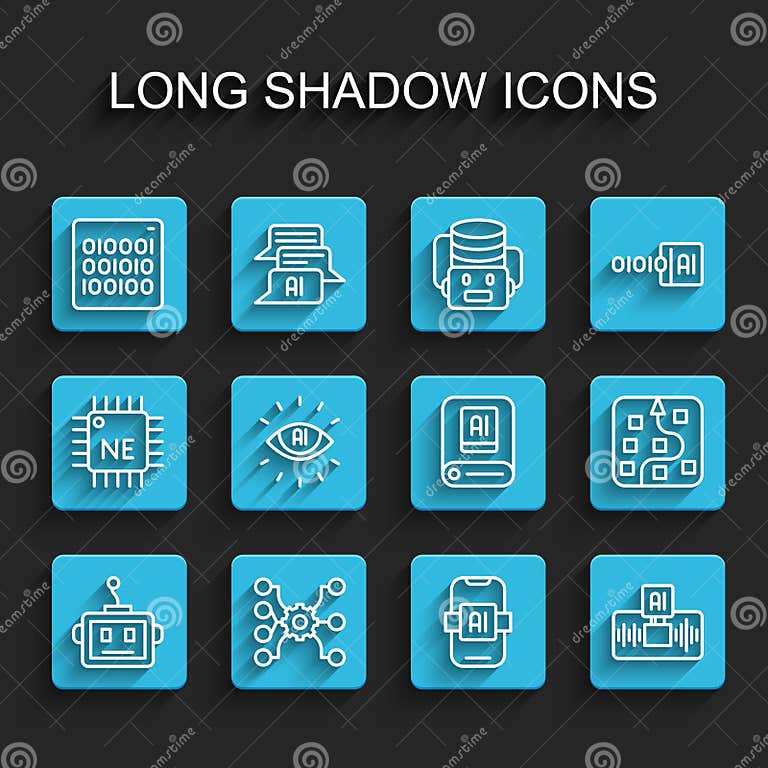 Set Line Artificial Intelligence Robot, Neural Network, Binary Code, AI, and Icon. Vector Stock ...