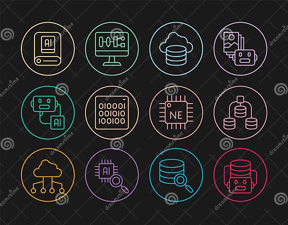 Set Line Artificial Intelligence Robot Server Data Cloud Database Binary Code Ai Processor