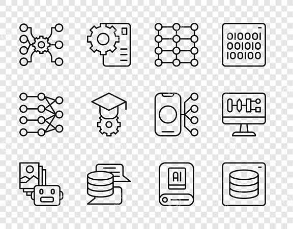 Set Line Artificial Intelligence Robot, Server, Data, Neural Network, Graduation Cap, AI and ...