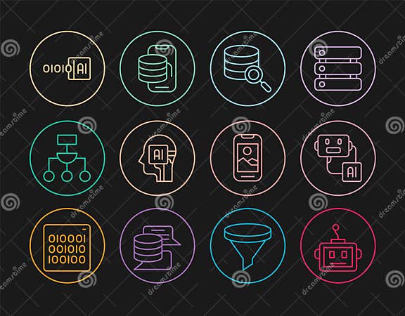 Set Line Artificial Intelligence Robot, Server, Humanoid, Algorithm, Binary Code, Mobile Phone ...