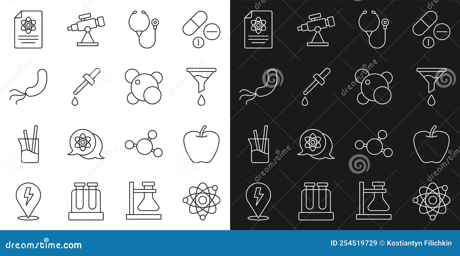 Set Line Atom, Apple, Funnel or Filter, Stethoscope, Pipette, Bacteria ... Set Line Atom, Apple, Funnel or Filter, Stethoscope, Pipette, Bacteria ...