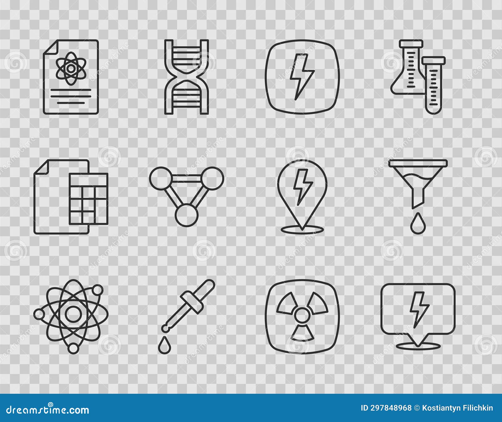 Set Line Atom, Lightning Bolt, Pipette, Chemistry Report, Molecule ...