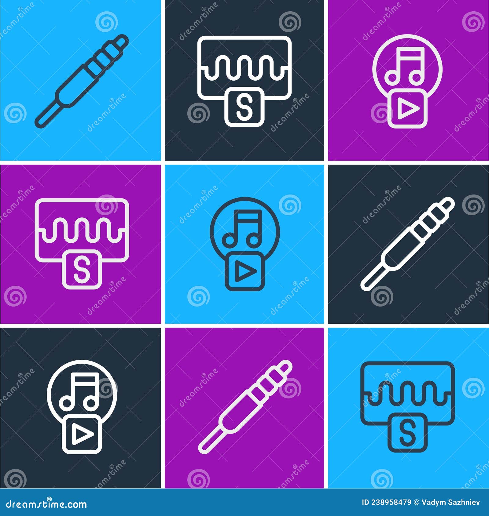 Set Line Audio Jack, Play in Square and Music Wave Equalizer Icon ...