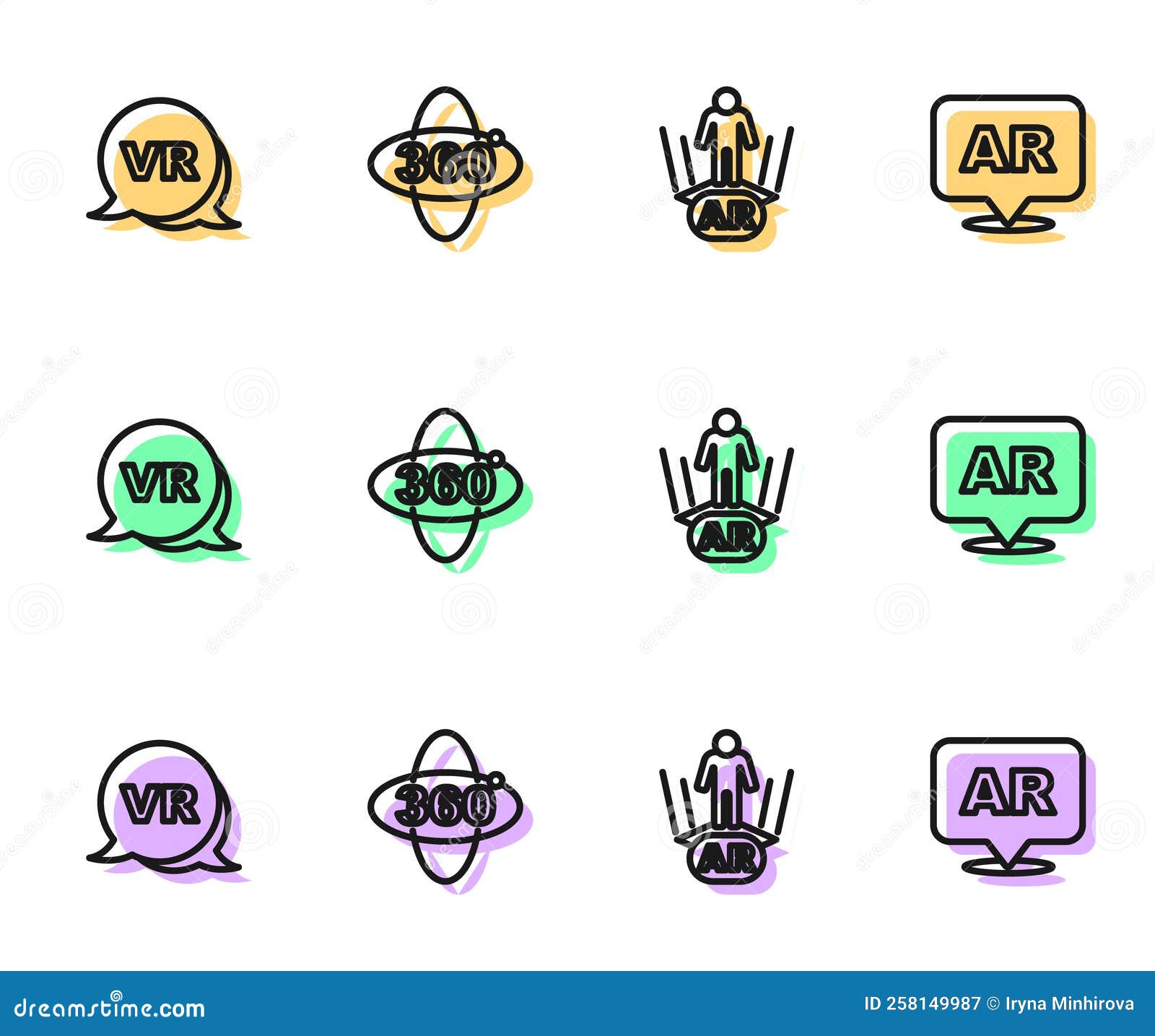 Set Line Augmented Reality AR, Virtual, 360 Degree View and Icon ...