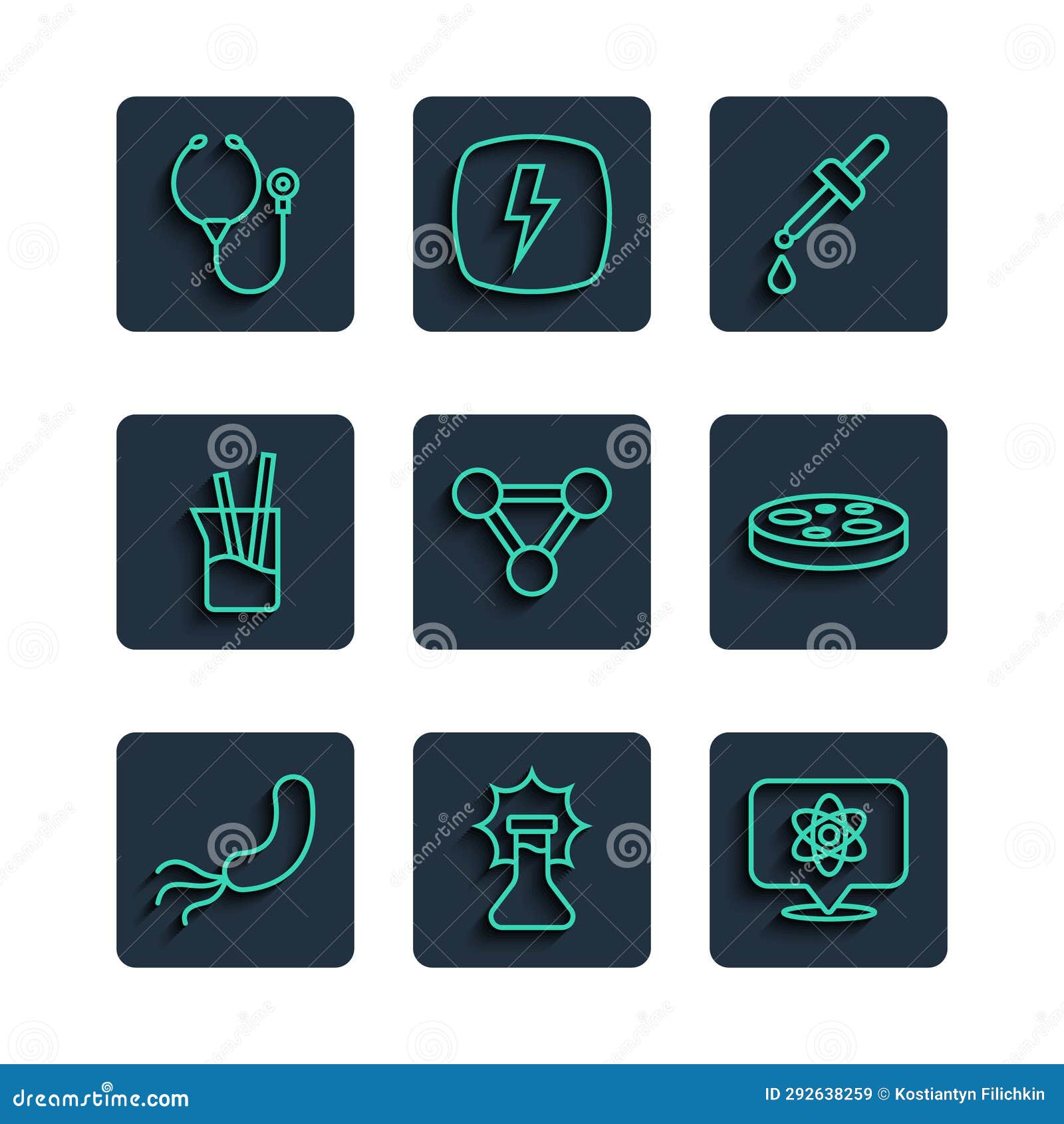 Set Stethoscope, Petri Dish With Bacteria, DNA Symbol And Molecule Icon ...