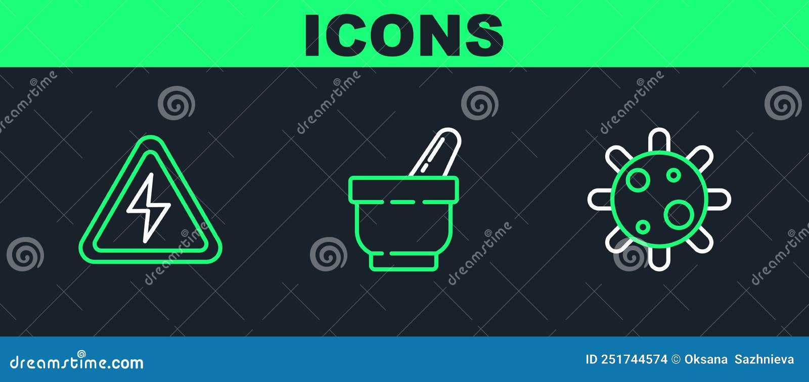 Set Bacteria, High Voltage Sign, Test Tube And Flask Chemical ...