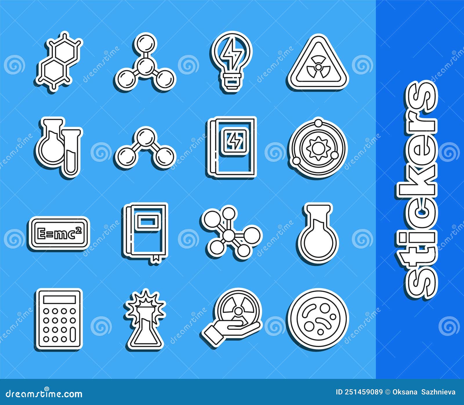 Set Line Bacteria, Test Tube and Flask, Solar System, Light Bulb with ...