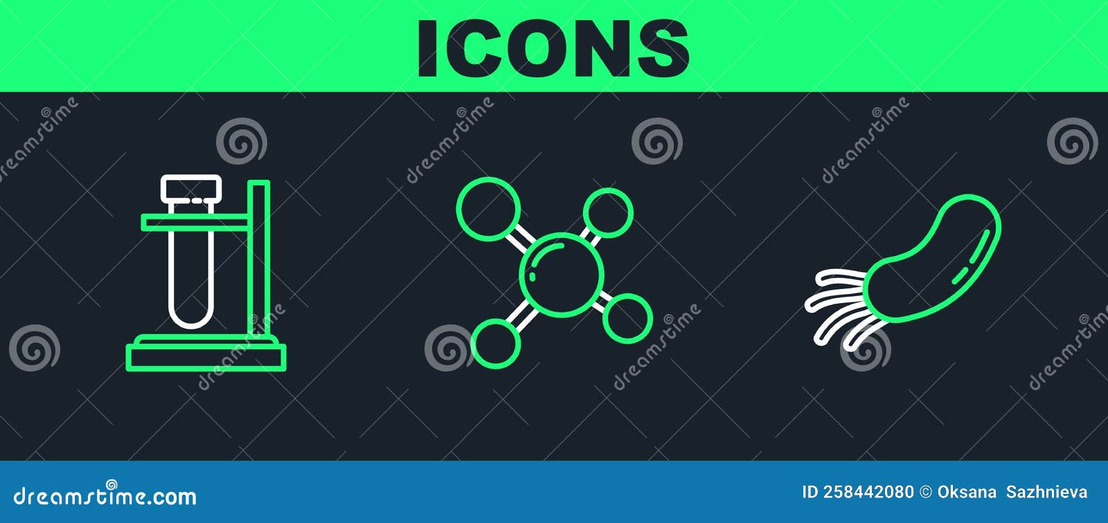 Set Line Bacteria, Test Tube Flask on Stand and Molecule Icon. Vector ...