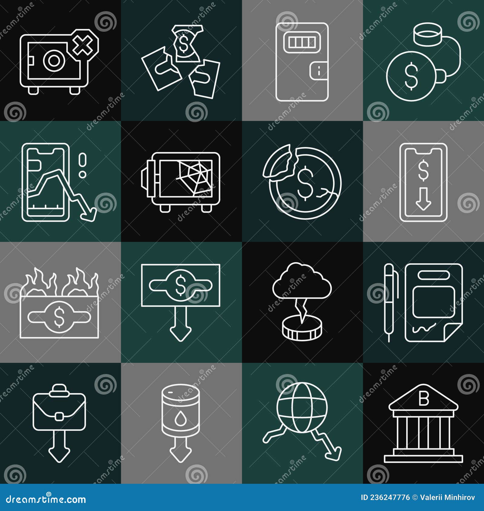 Set Line Bank Building, Contract Money and Pen, Mobile Stock Trading, Prison Cell Door, Safe ...