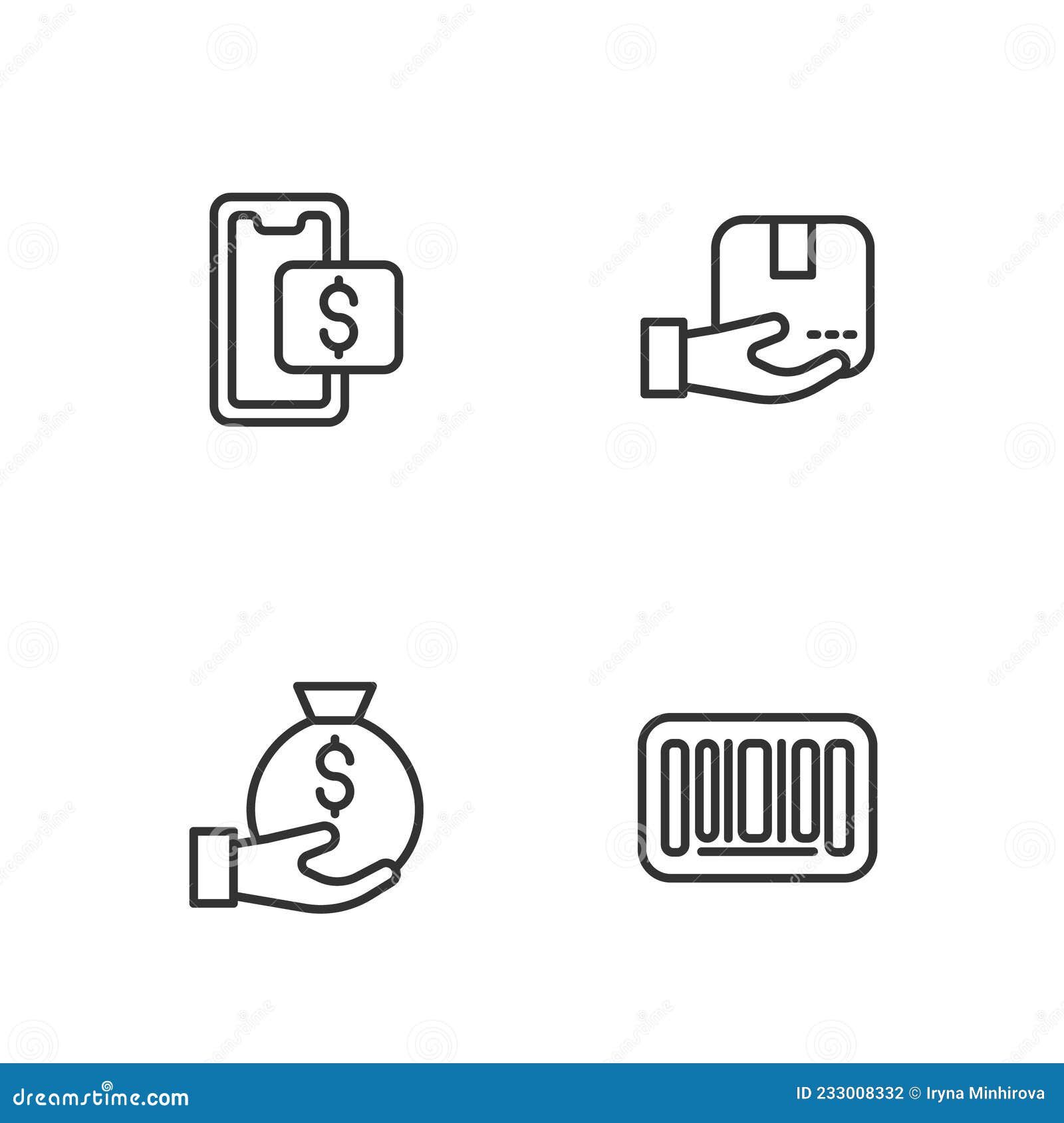 Set Line Barcode, Money Bag, Mobile Shopping and Delivery Hand with Box ...