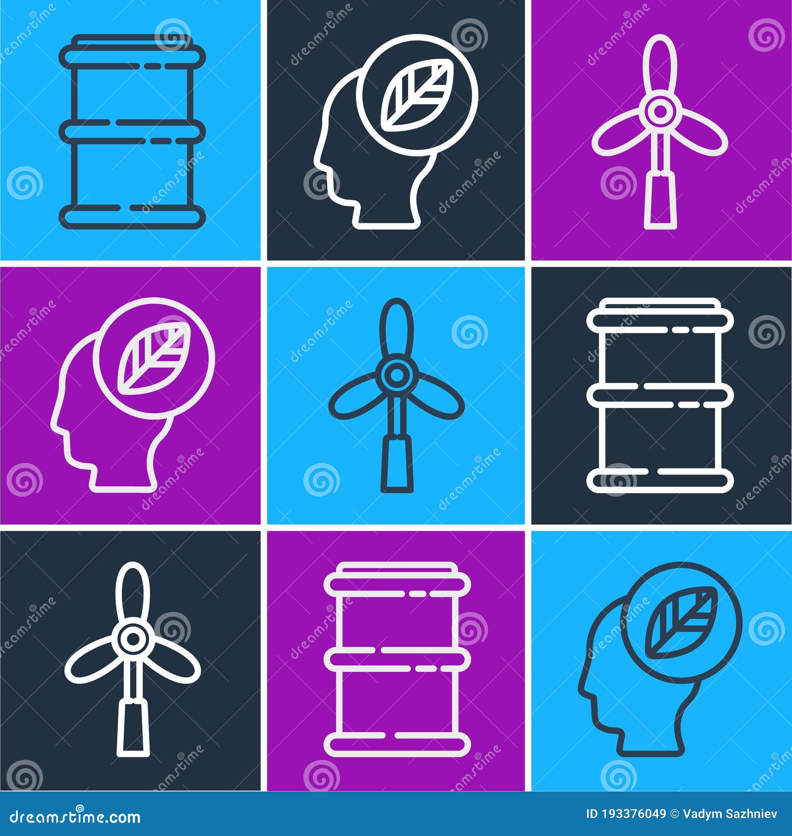 Set Line Barrel, Wind Turbine and Human Head with Leaf Inside Icon ...