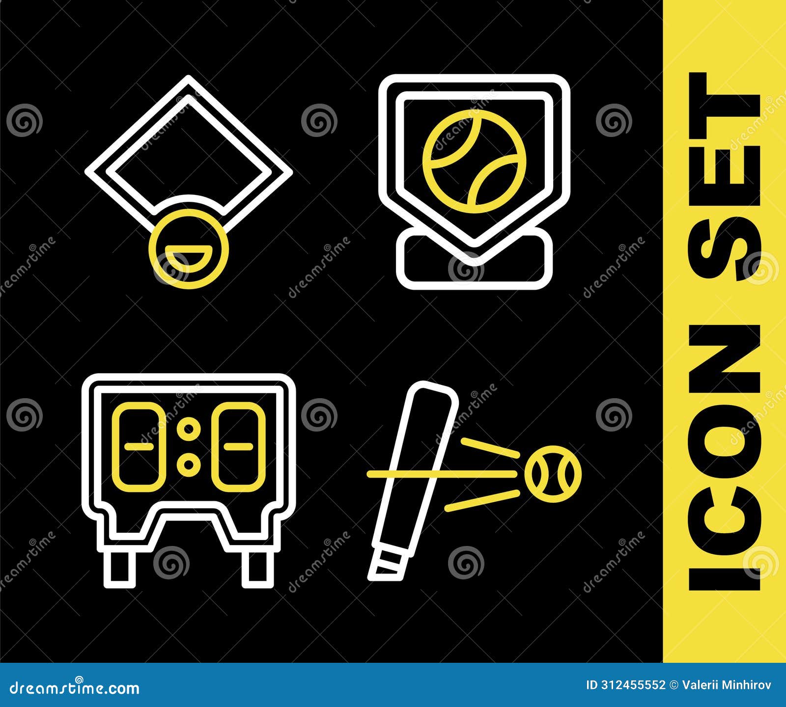Set Line Baseball Base, Bat with, Mechanical Scoreboard and Field Icon ...