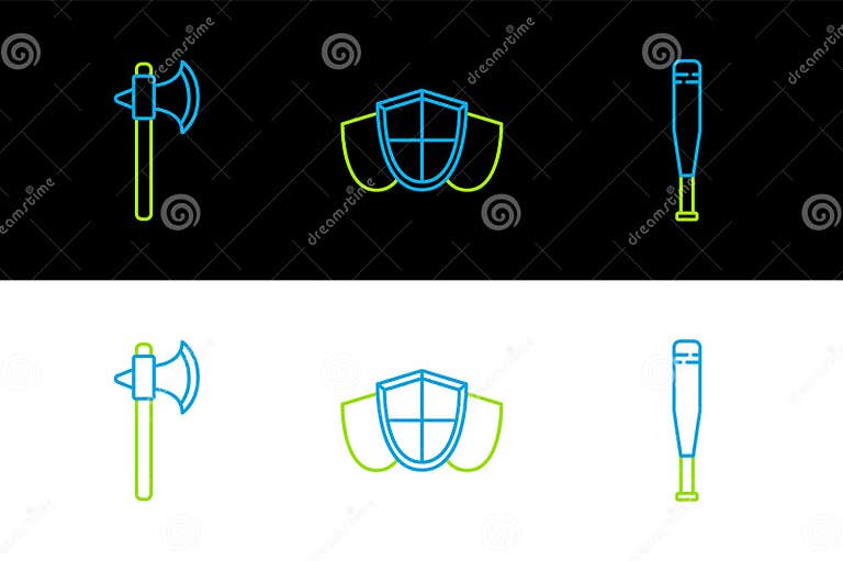 Set Line Baseball Bat, Medieval Axe and Shield Icon. Vector Stock ...