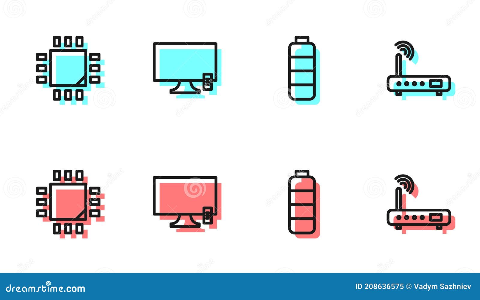 Set Line Battery Charge Level Indicator, Processor with Microcircuits CPU, Smart Tv and Router ...