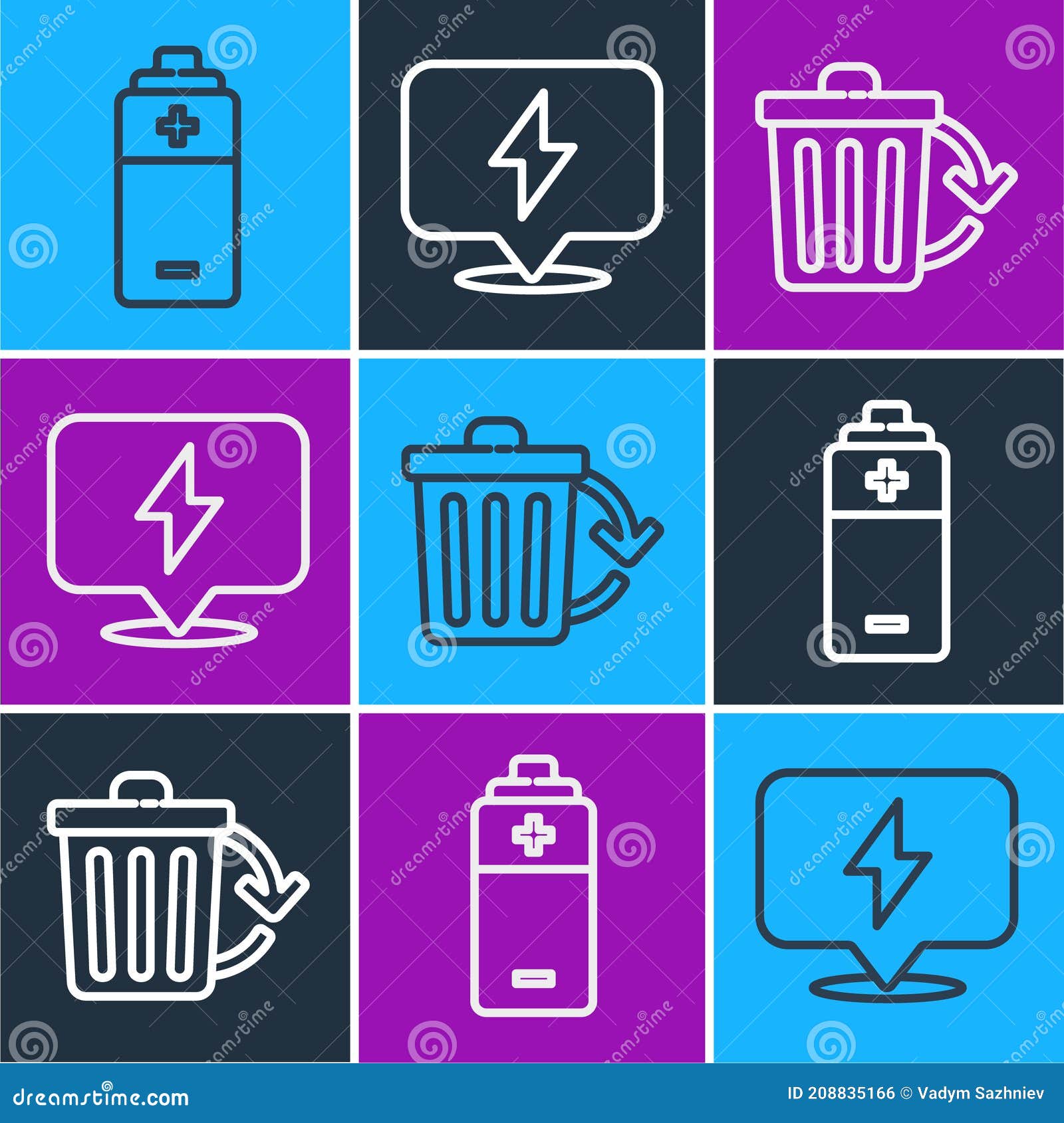 Set Line Battery, Recycle Bin with Recycle and Lightning Bolt Icon ...
