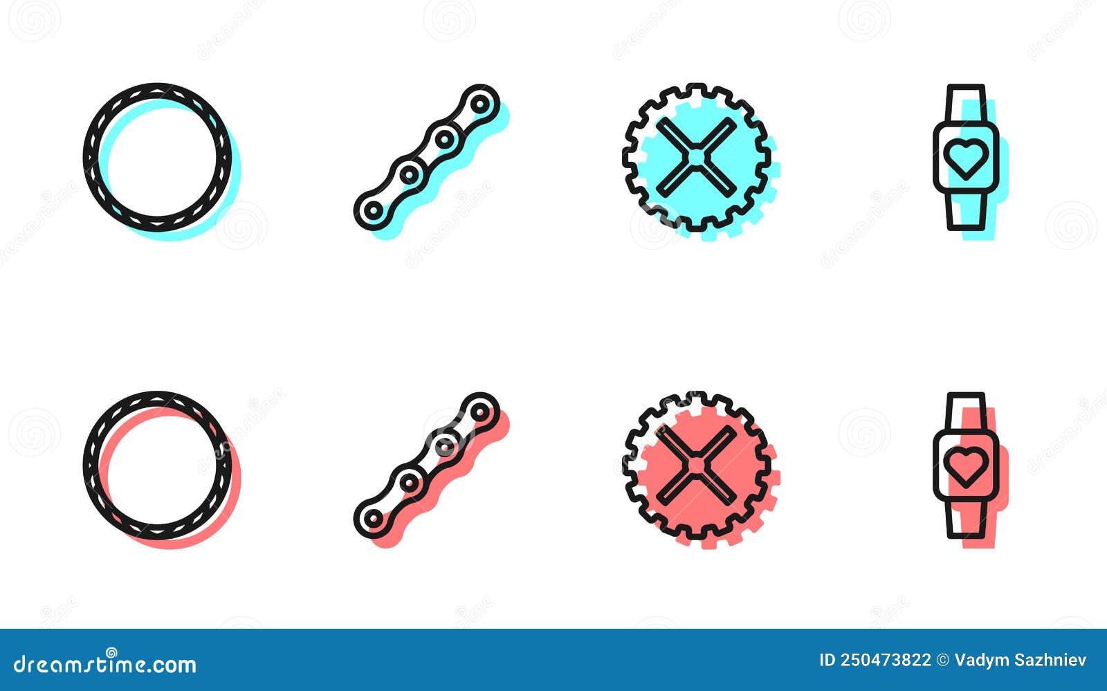 Set Line Bicycle Sprocket Crank, Wheel, Chain and Smart Watch Icon ...