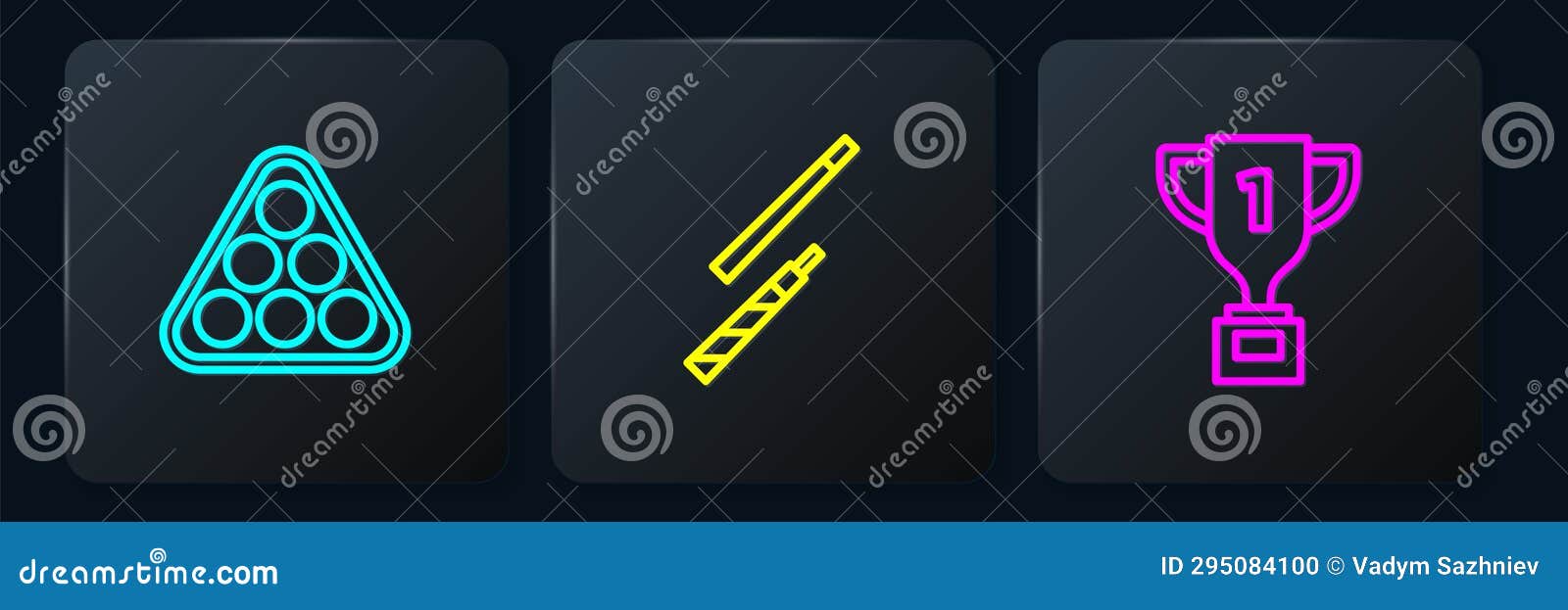 Set Line Billiard Balls in Rack Triangle, Award Cup and Cue. Black ...