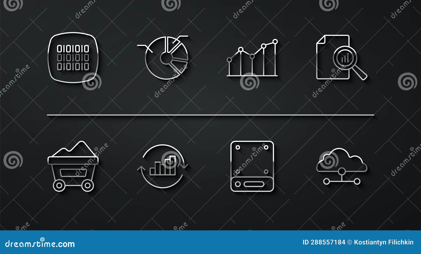 Set Line Binary Code, Coal Mine Trolley, Document with Graph Chart ... Set Line Binary Code, Coal Mine Trolley, Document with Graph Chart ...