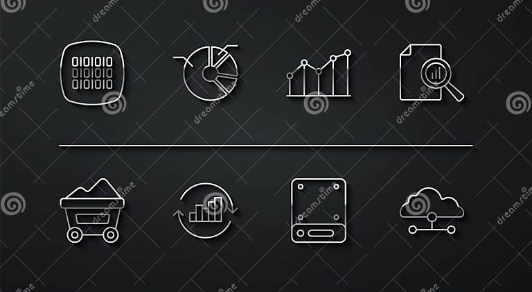 Set Line Binary Code, Coal Mine Trolley, Document with Graph Chart, Server, Pie Infographic ...