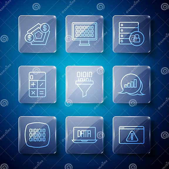 Set Line Binary Code, Data Analysis, Browser with Exclamation Mark, Server Security Padlock ...