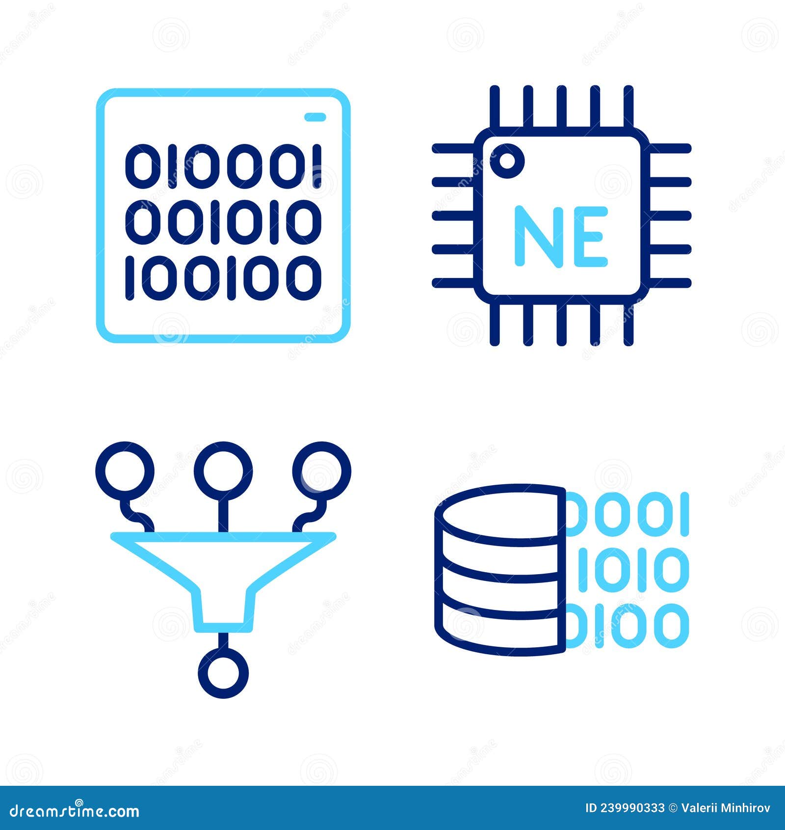 Set Line Binary Code, Funnel or Filter, Processor CPU and Icon. Vector Stock Vector ...