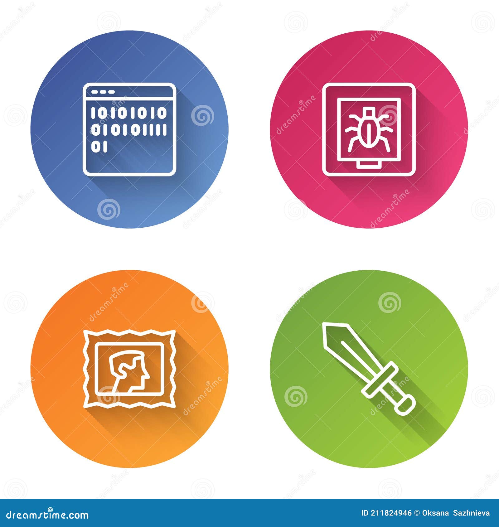 Set Line Binary Code, Insects Frame, Postal Stamp and Sword for Game. Color Circle Button Stock ...