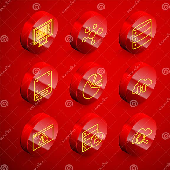 Set Line Binary Code, Mind Map Infographic, Server, Pie Chart, Cloud Download and Upload ...