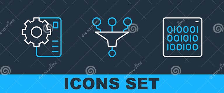 Set Line Binary Code, Neural Network and Funnel Filter Icon. Vector Stock Illustration ...