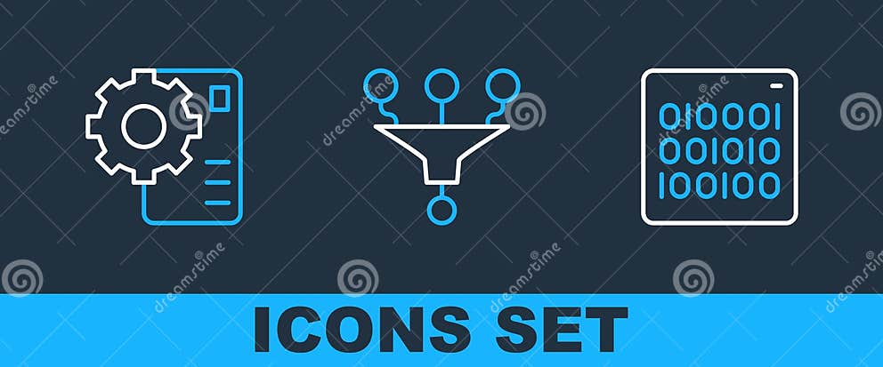 Set Line Binary Code Neural Network And Funnel Filter Icon Vector 7847