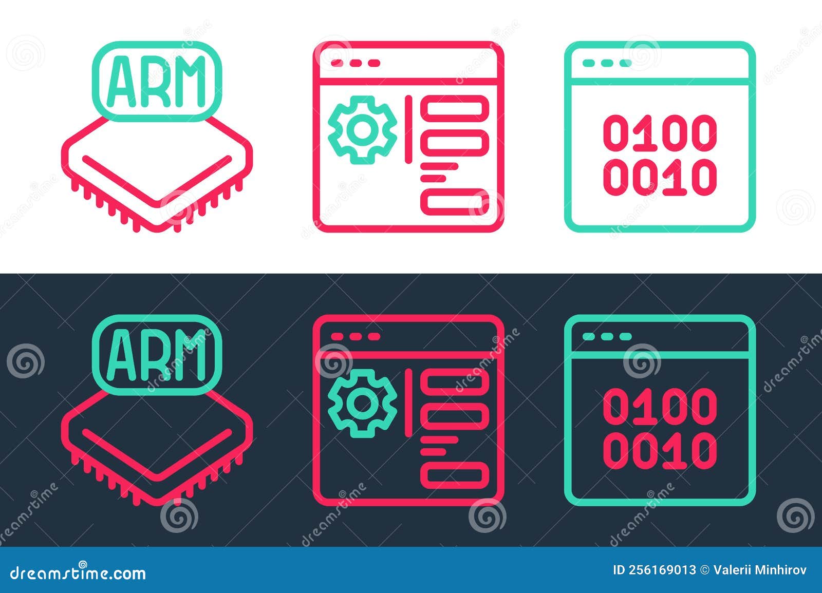 Set Line Binary Code Processor And Browser Setting Icon Vector Stock Illustration