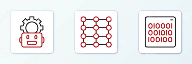 Set Line Binary Code Robot Setting And Neural Network Icon Vector Stock Illustration